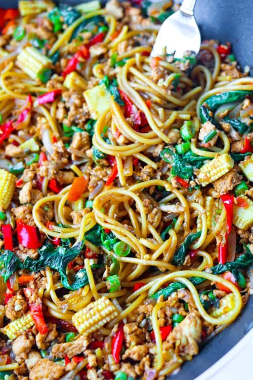 Thai Basil Chicken Spaghetti (Thai-Italian fusion pasta!) - That Spicy ...