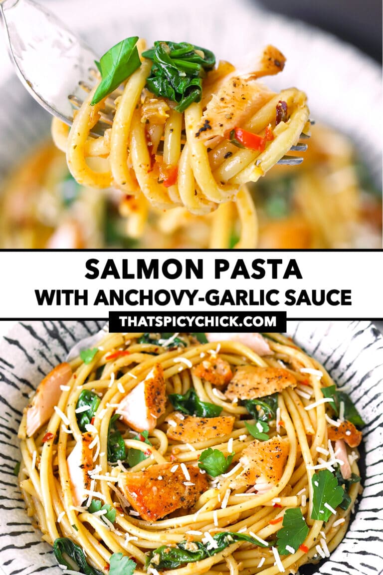 Salmon Pasta with Anchovy-Garlic Sauce - That Spicy Chick