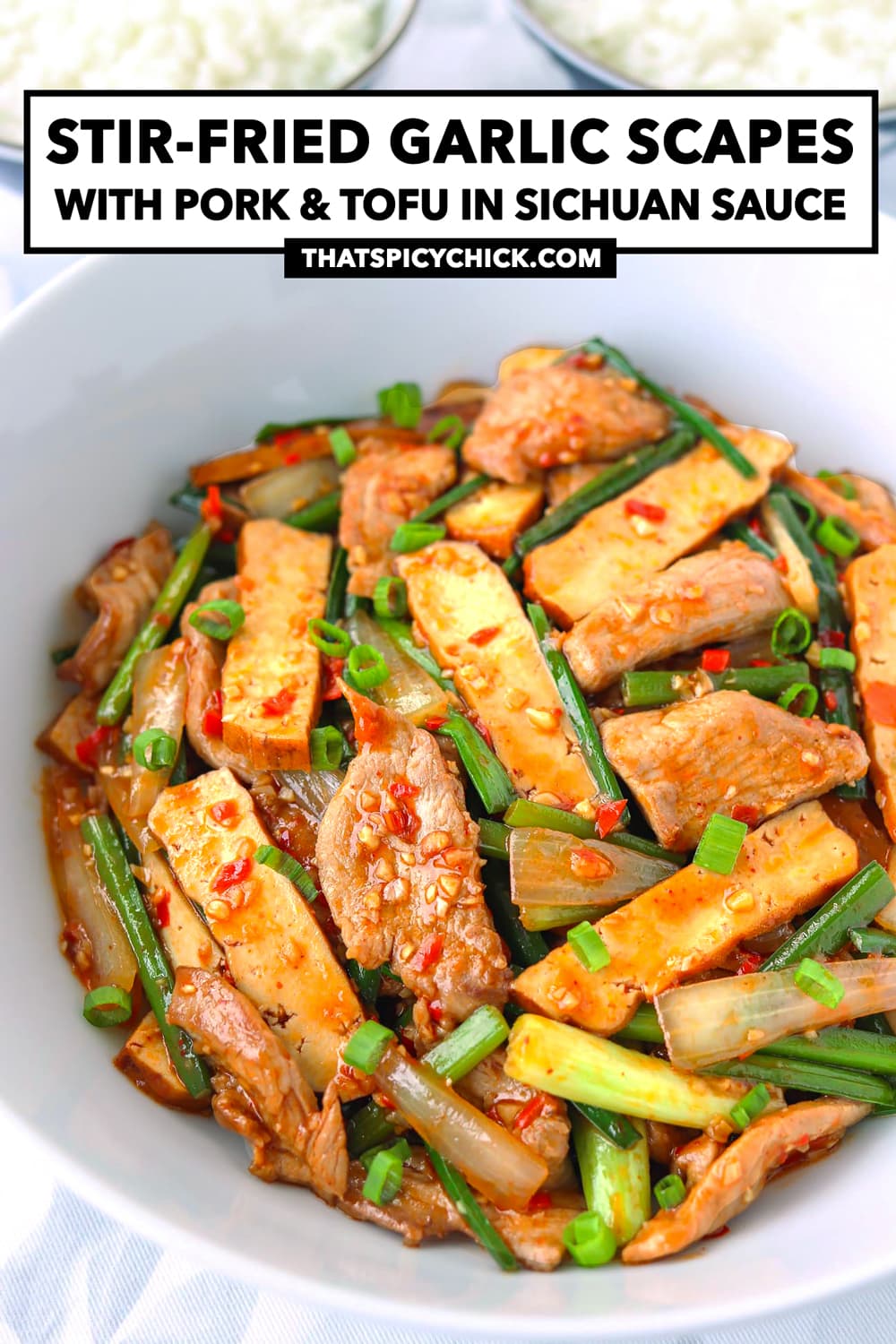 Stir-fried Garlic Scapes with Pork & Tofu - That Spicy Chick