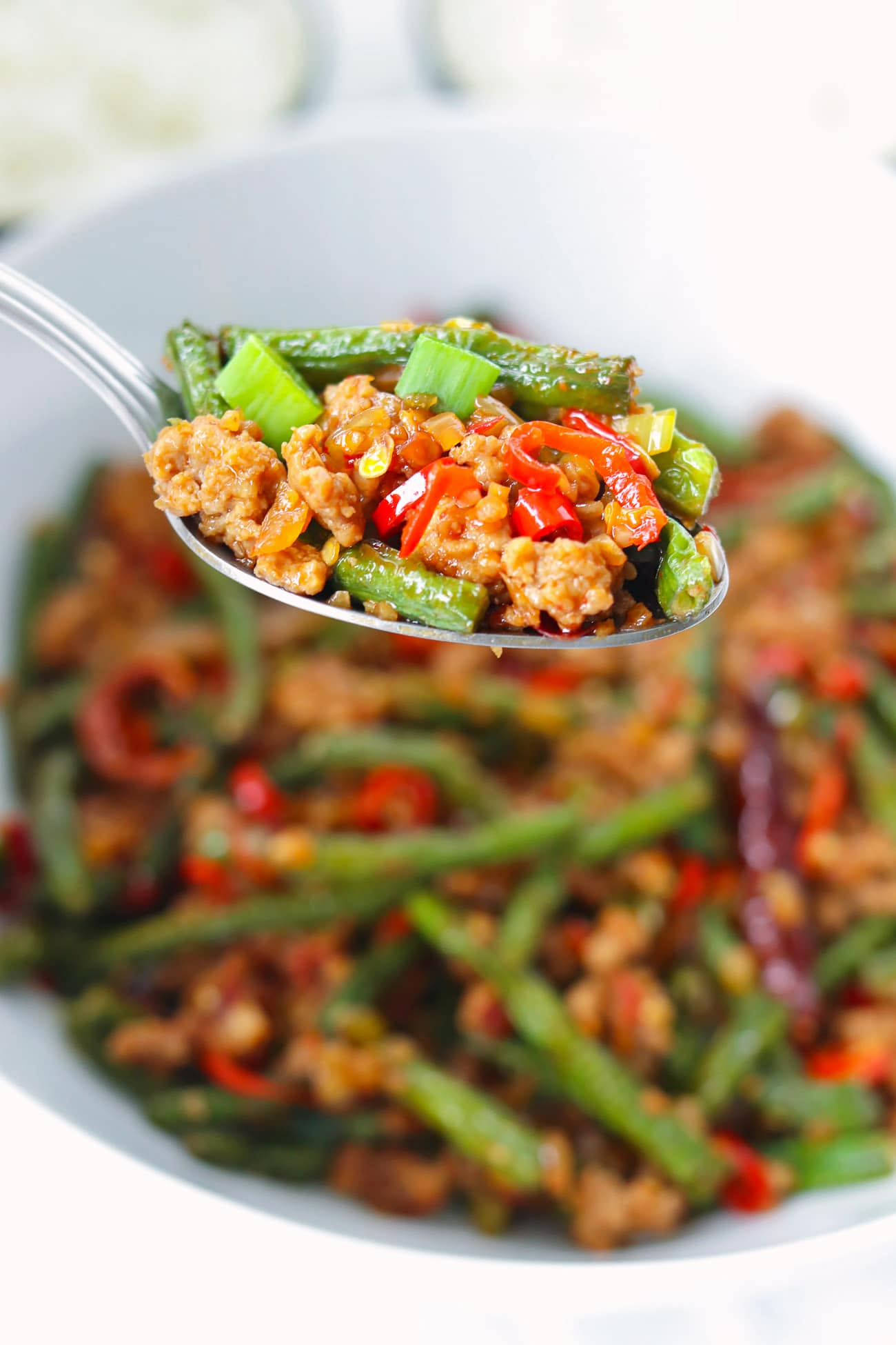 Sichuan Dry Fried Green Beans with Pork - That Spicy Chick