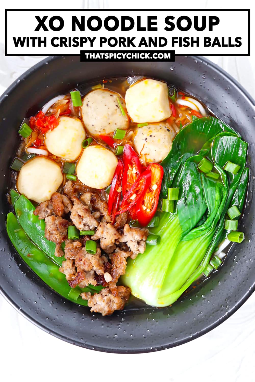 XO Noodle Soup (with Crispy Ground Pork & Fish Balls) - That Spicy Chick