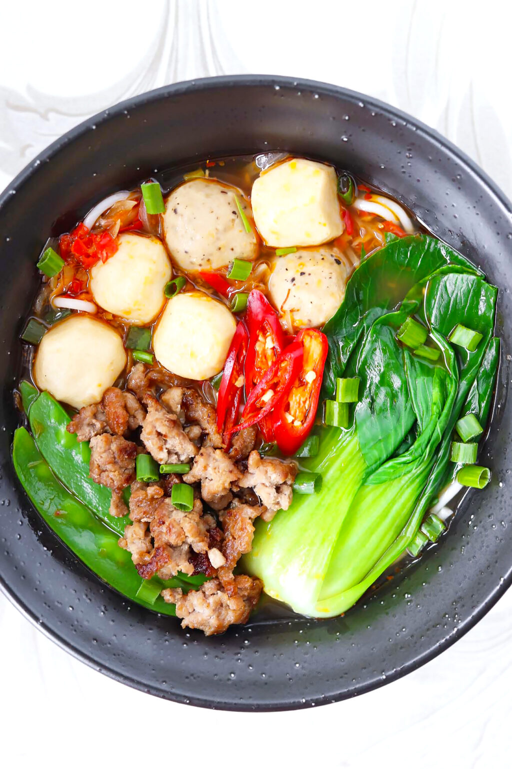 XO Noodle Soup (with Crispy Ground Pork & Fish Balls) - That Spicy Chick