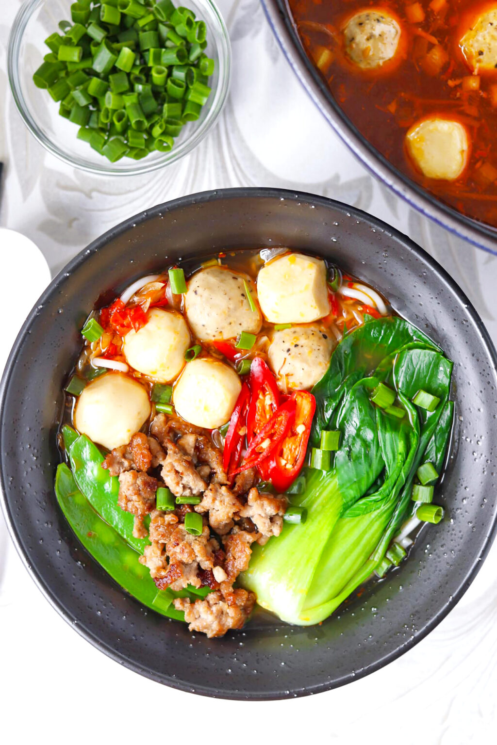 XO Noodle Soup (with Crispy Ground Pork & Fish Balls) - That Spicy Chick