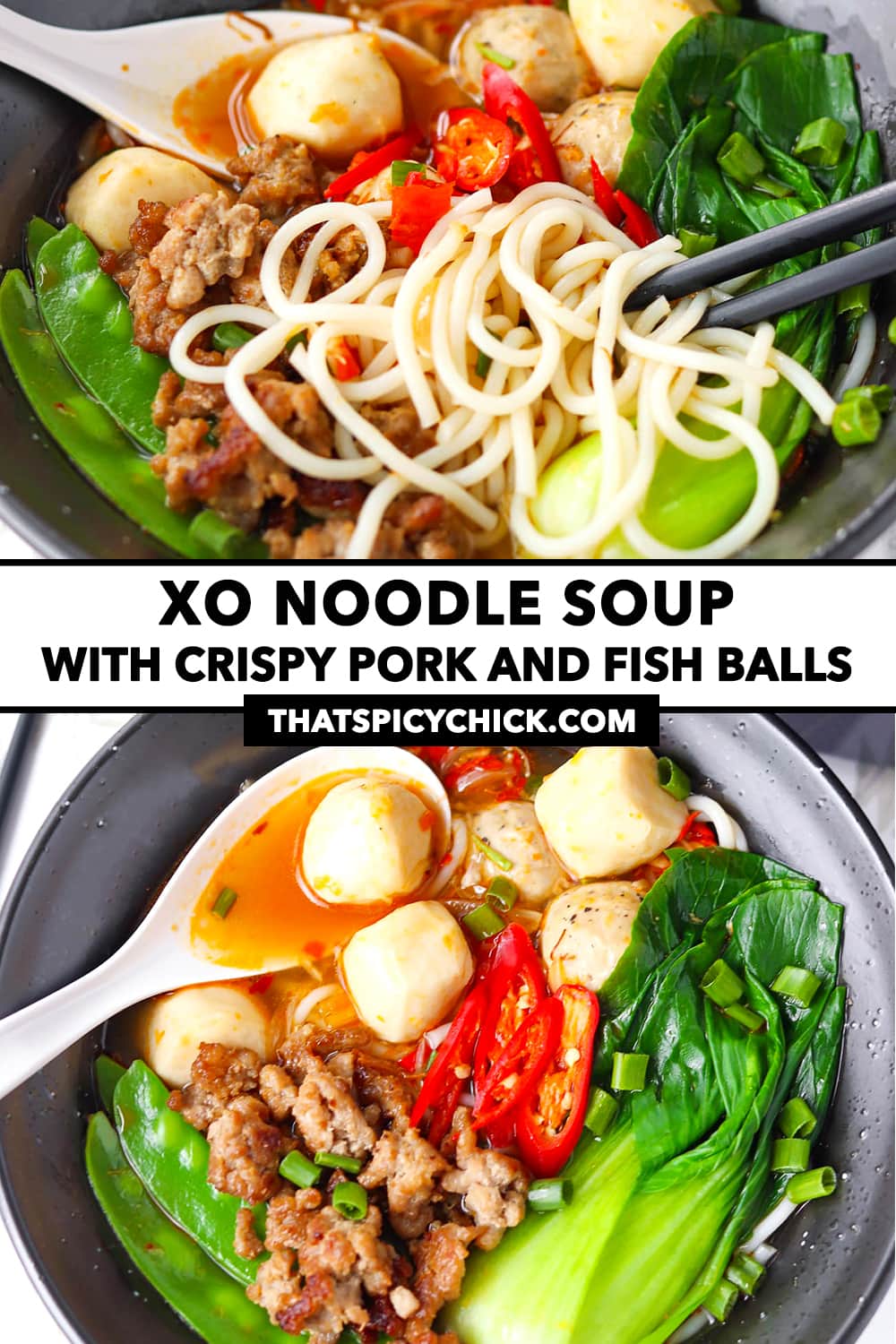 XO Noodle Soup (with Crispy Ground Pork & Fish Balls) - That Spicy Chick