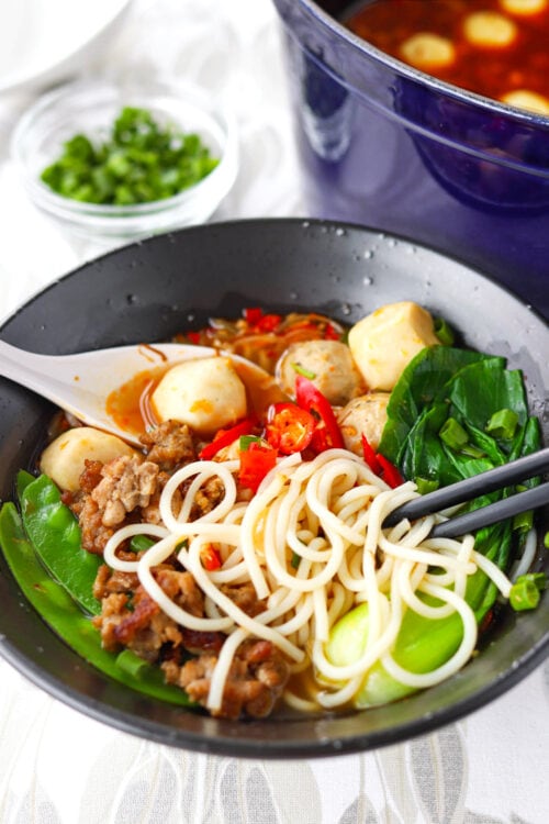 XO Noodle Soup (with Crispy Ground Pork & Fish Balls) - That Spicy Chick
