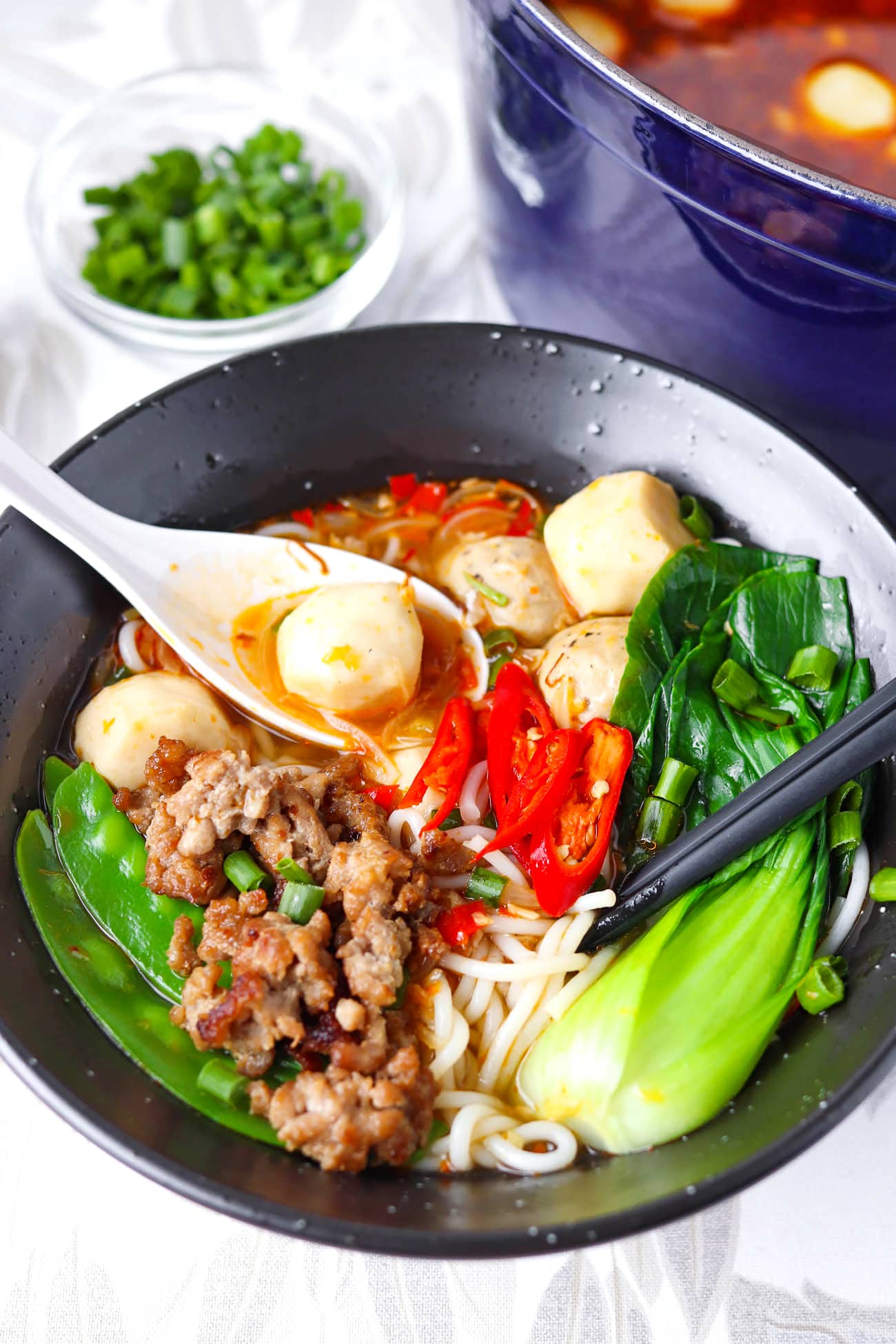 XO Noodle Soup (with Crispy Ground Pork & Fish Balls) - That Spicy Chick