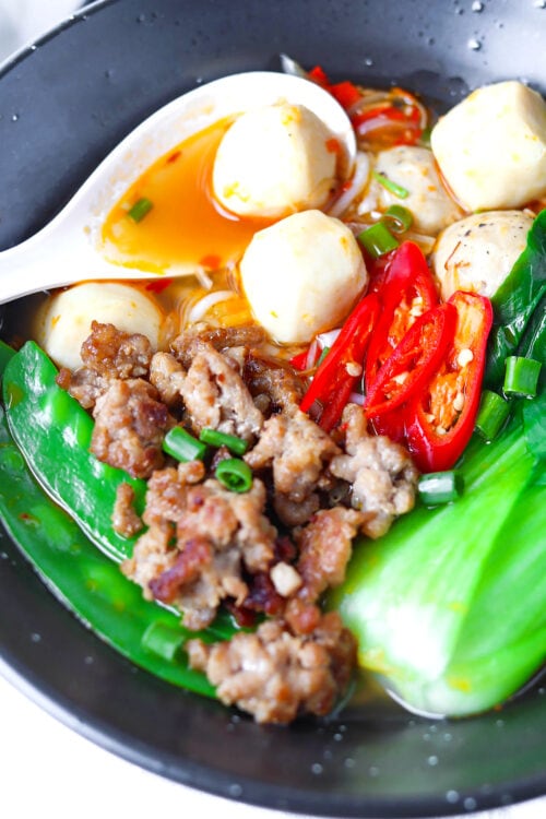 XO Noodle Soup (with Crispy Ground Pork & Fish Balls) - That Spicy Chick