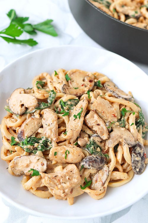 Creamy Mushroom Udon with Chicken - That Spicy Chick