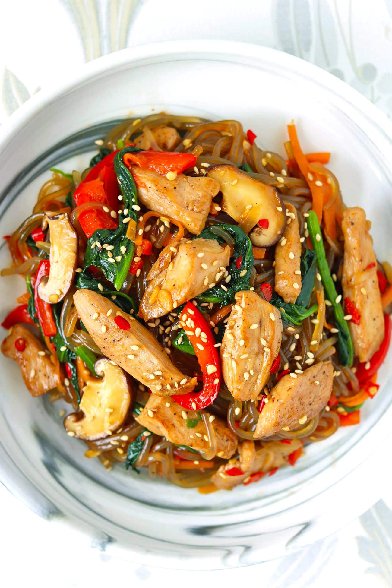 Chicken Japchae (Korean Glass Noodles Stir-fry) - That Spicy Chick