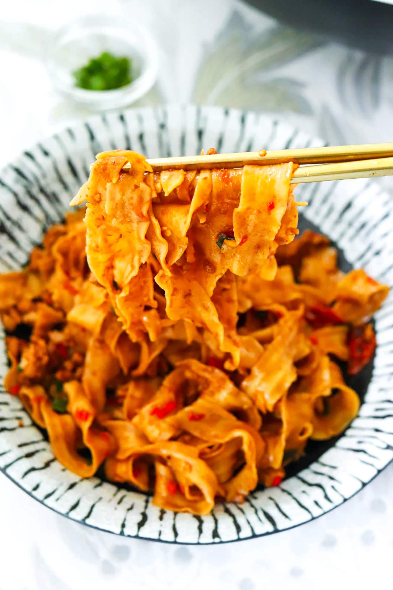 Spicy Pork Knife Cut Noodles (Squiggly Noodles Recipe) - That Spicy Chick