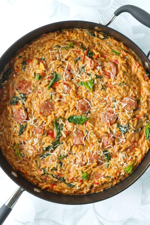 One Pan Spicy Italian Sausage Orzo - That Spicy Chick