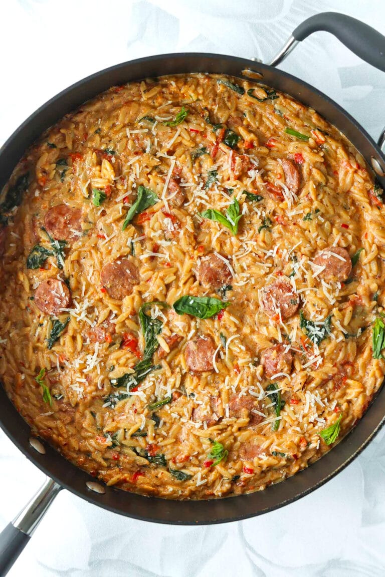 One Pan Spicy Italian Sausage Orzo - That Spicy Chick