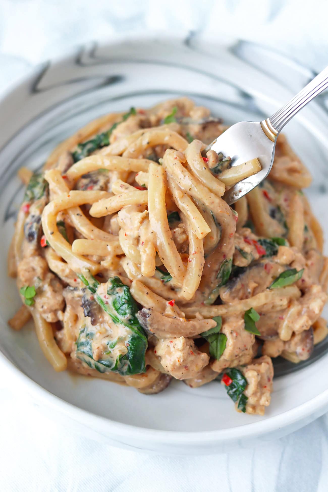 Creamy Mushroom Udon Noodles (Silken Tofu Sauce) - That Spicy Chick
